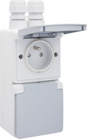 Splashproof double vertical wall socket with pin earthing, shutters and ...