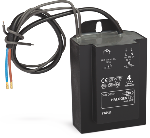 Ferromagnetic 35 W transformer with wire connections at primary and ...